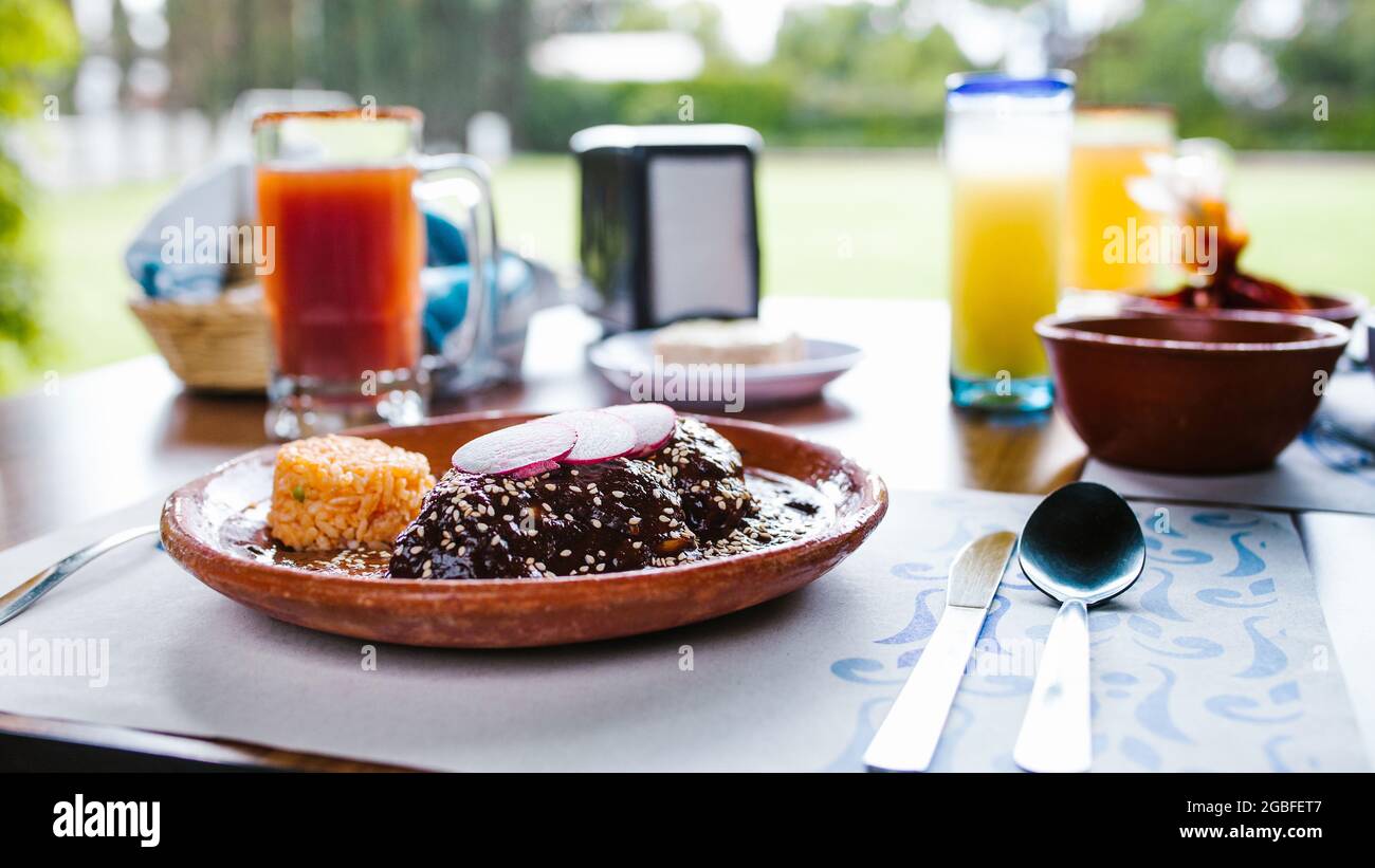 Mole poblano with red rice traditional mexican cuisine in Mexico City ...
