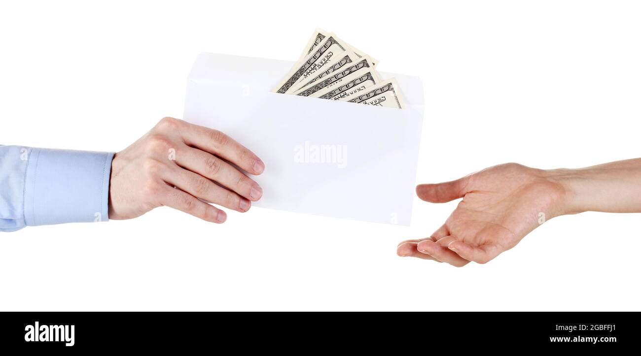 man's hand passes the envelope with dollars on white background Stock ...