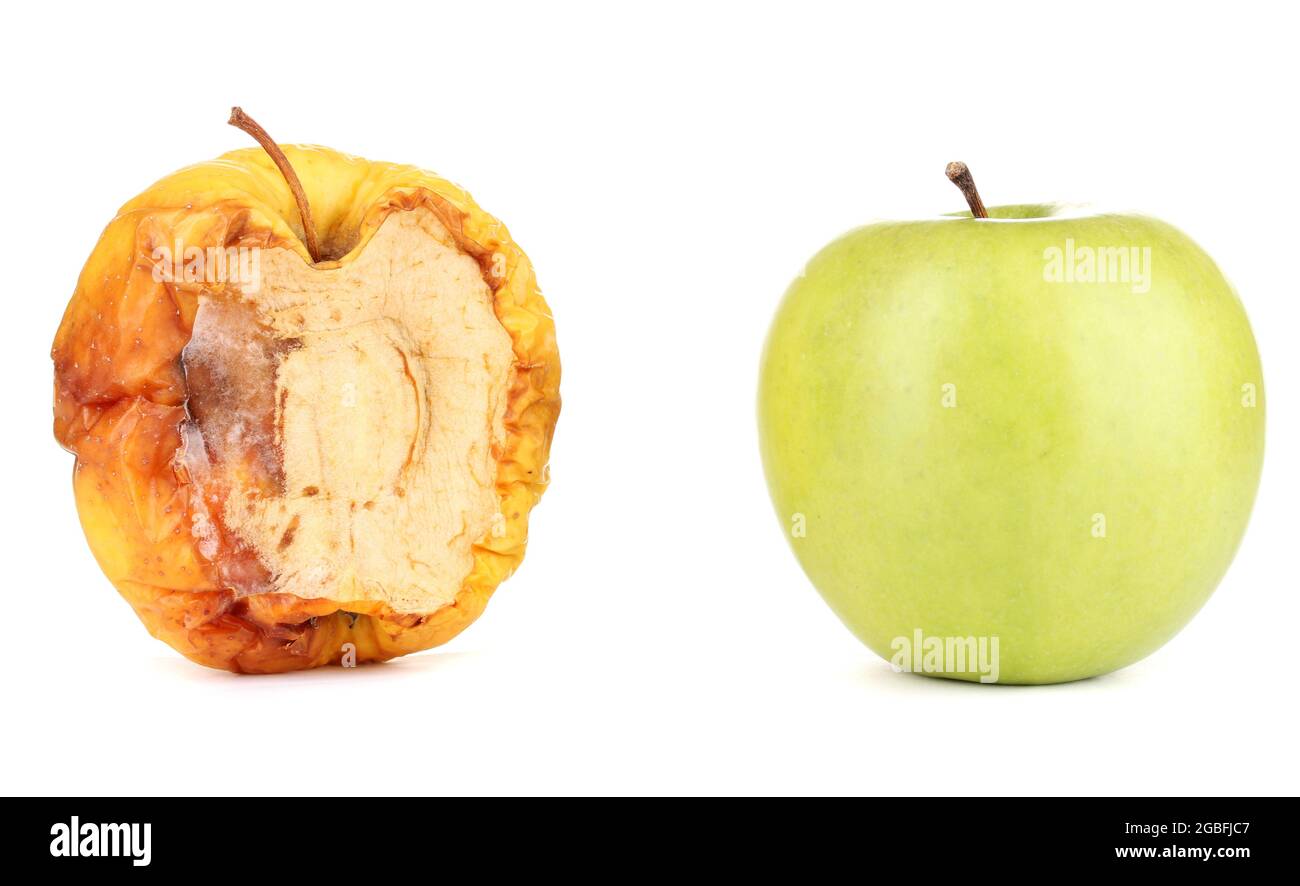 rotten apple and fresh apple as concept of skin problems, isolated on ...