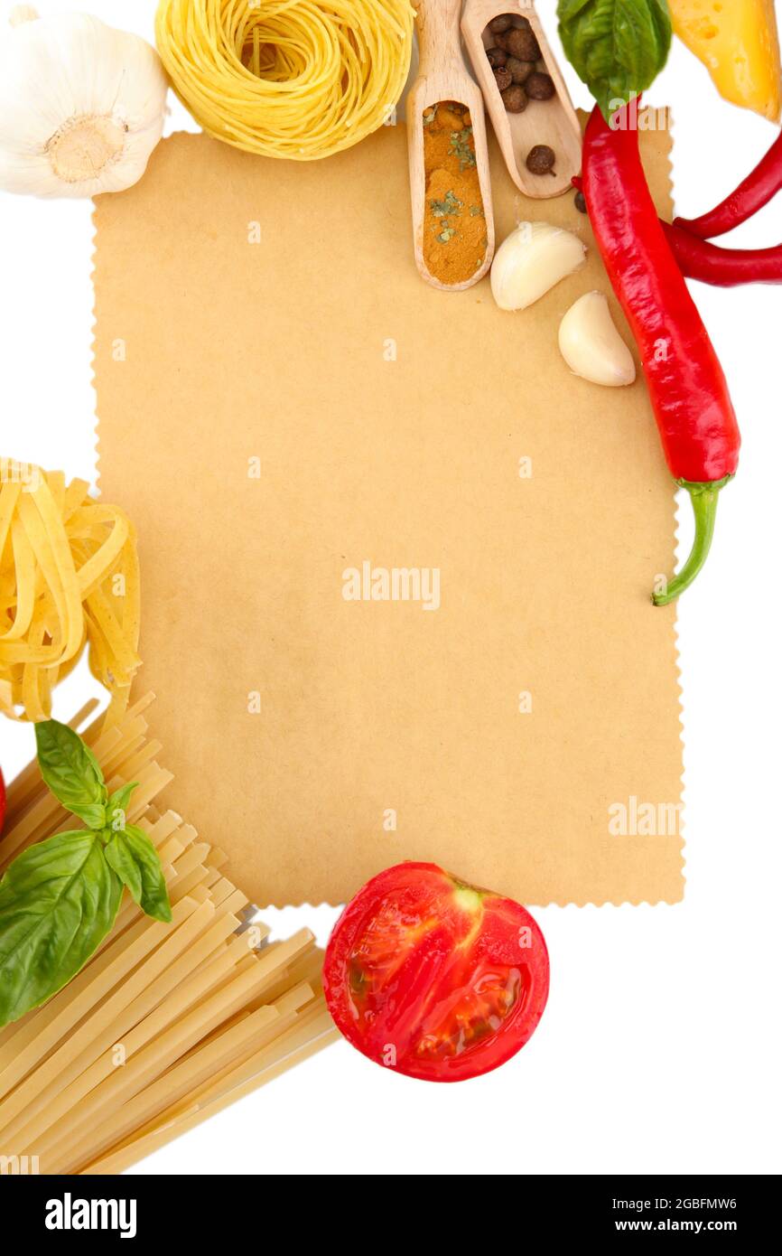 paper for recipes, spaghetti with vegetables and spices, isolated on ...