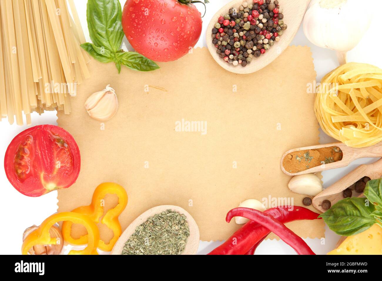 paper for recipes, spaghetti with vegetables and spices, isolated on ...