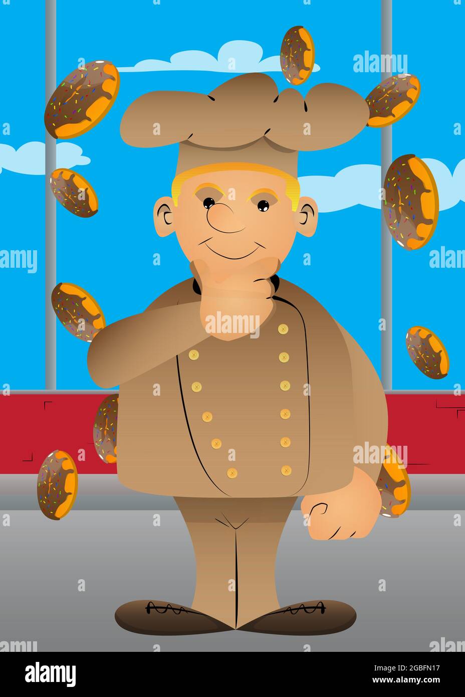 Fat male cartoon chef in uniform thinking. Vector illustration ...