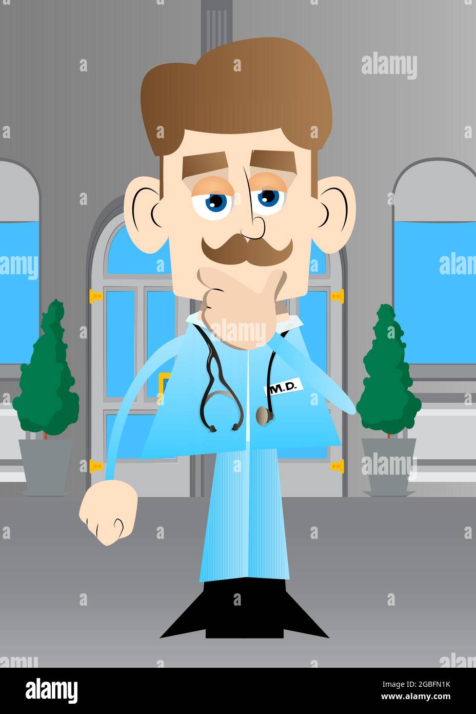 Funny cartoon doctor thinking. Vector illustration. Uncertain health ...