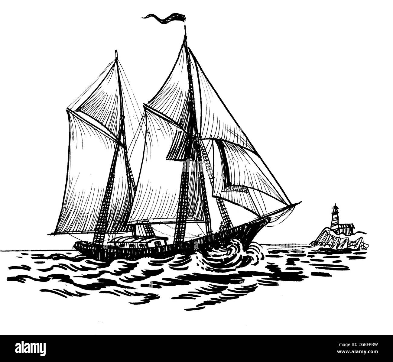 Ship And Lighthouse Drawing