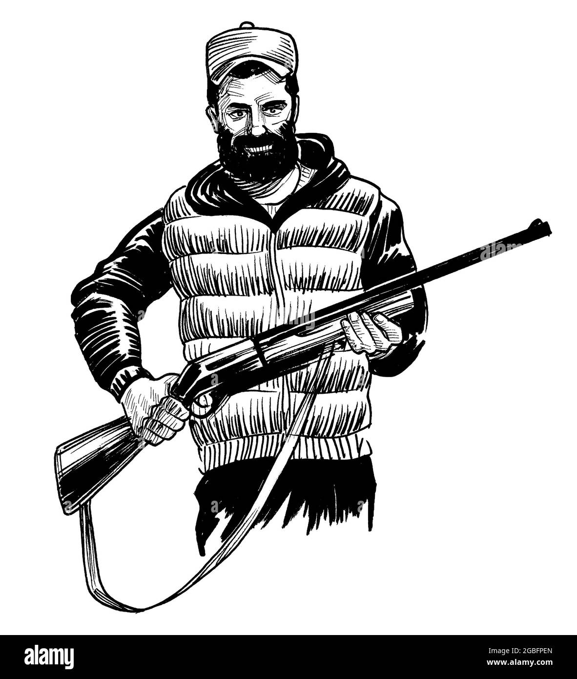 Bearded hunter with a rifle. Ink black and white drawing Stock Photo ...