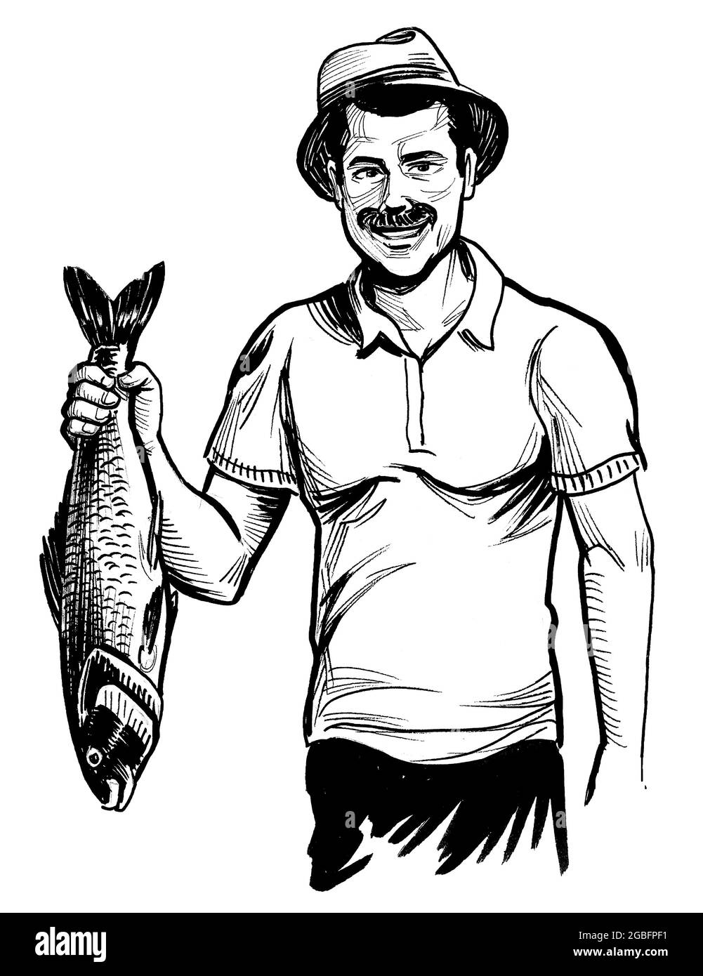 Happy smiling man holding a caught fish. Ink black and white drawing ...