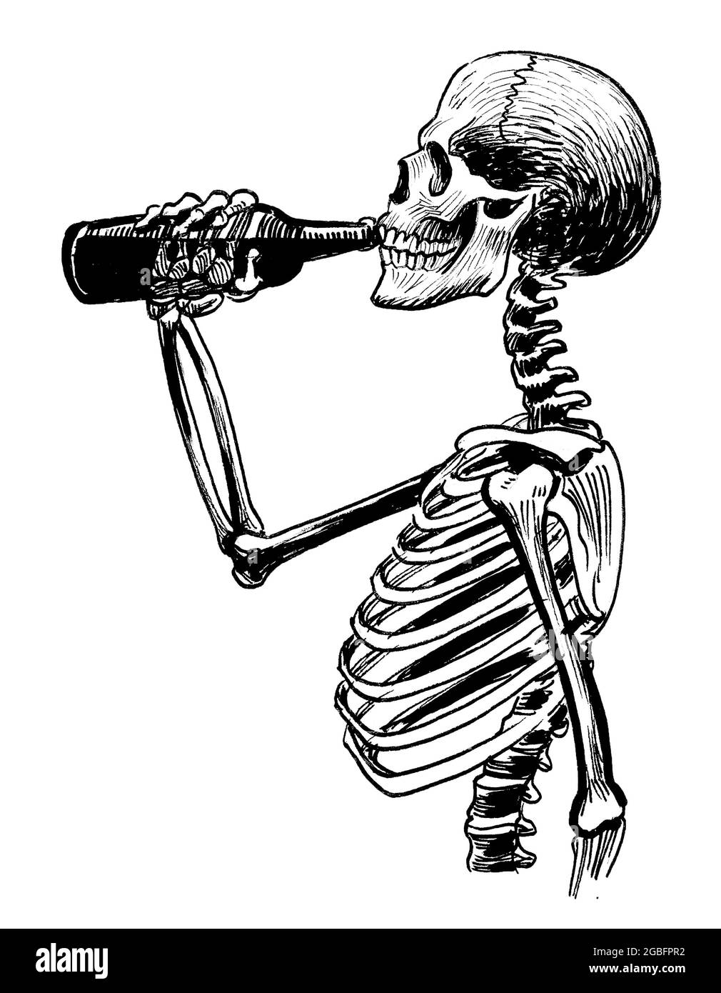 Human skeleton drinking a bottle of wine. Ink black and white drawing Stock Photo - Alamy