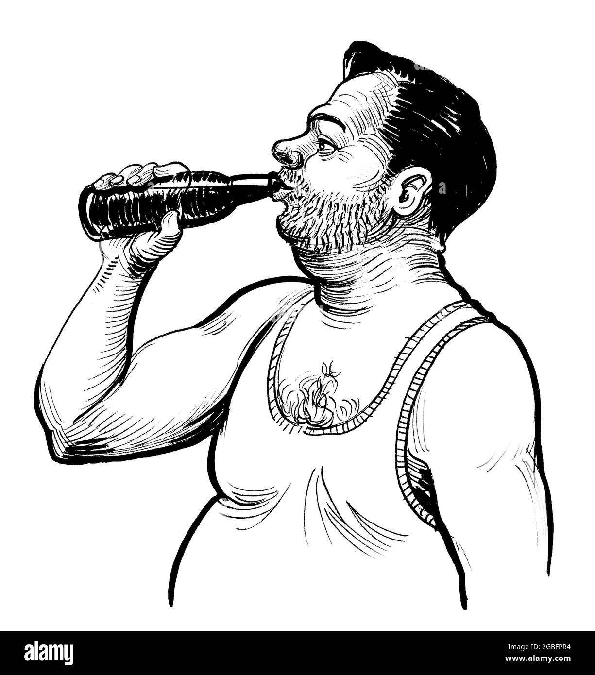 Fat alcoholic man drinking a bottle of beer. Ink black and white ...
