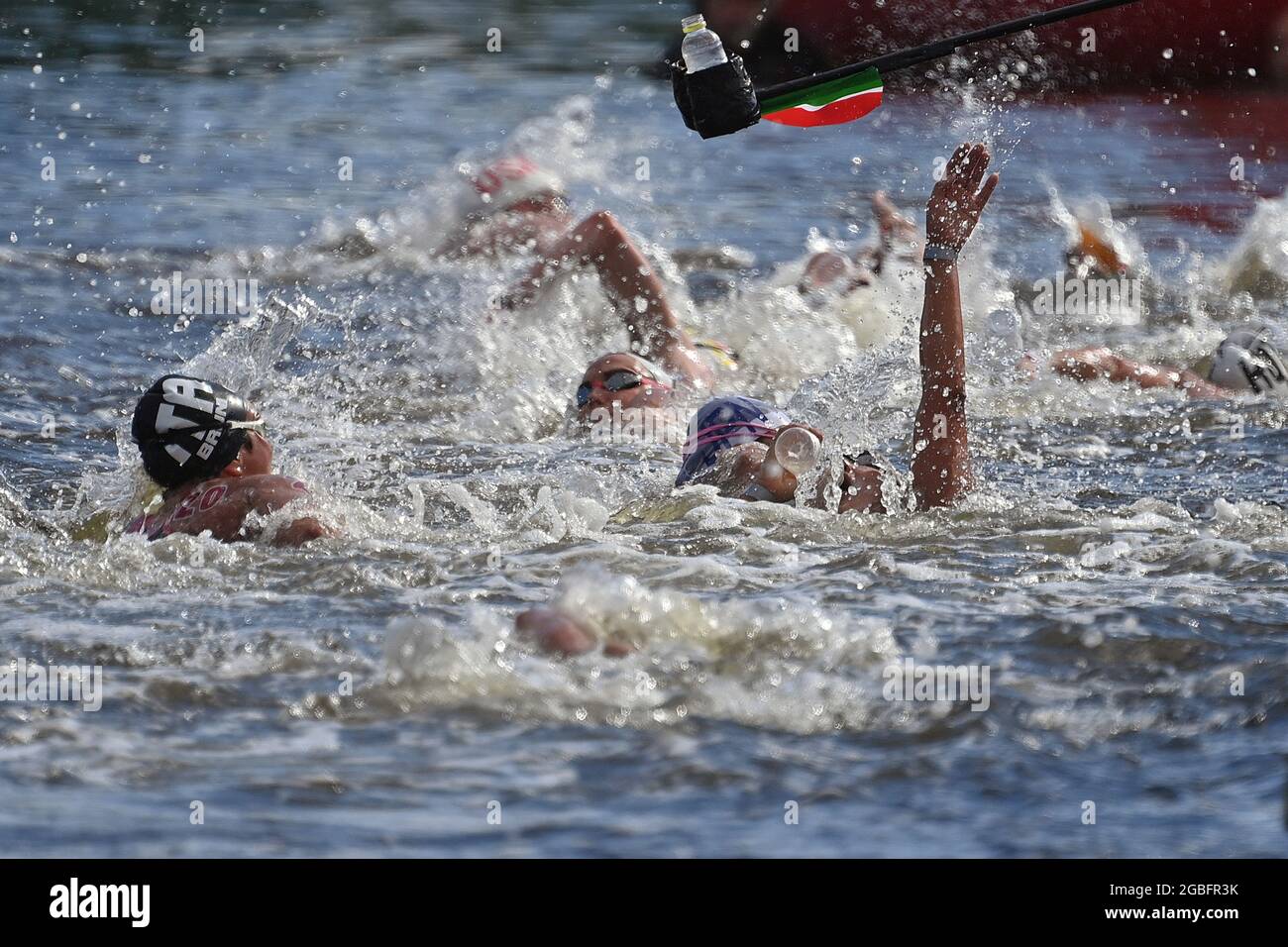 Swimmers at the refreshment station. Women's 10 km marathon swimming ...