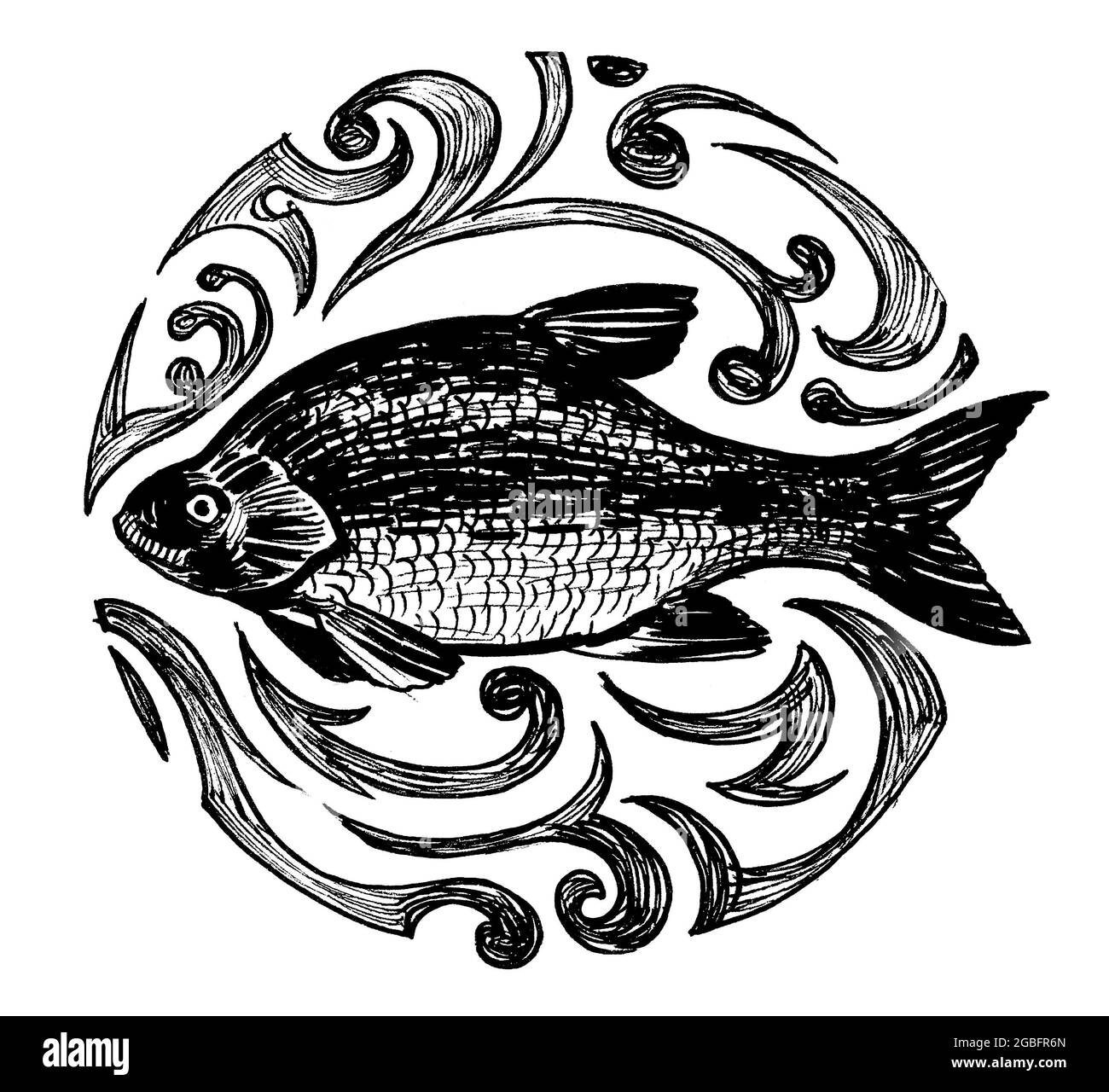 Fish in circle pattern. Ink black and white drawing Stock Photo - Alamy