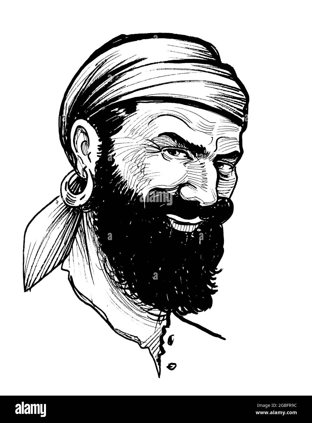 Pirate character in bandana with earring. Ink black and white drawing ...