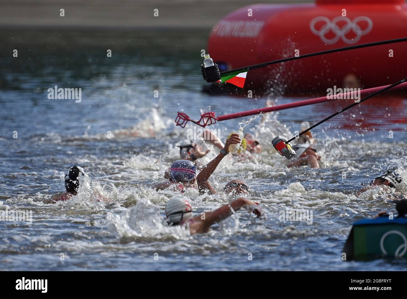 Swimmers at the refreshment station. Women's 10 km marathon swimming ...