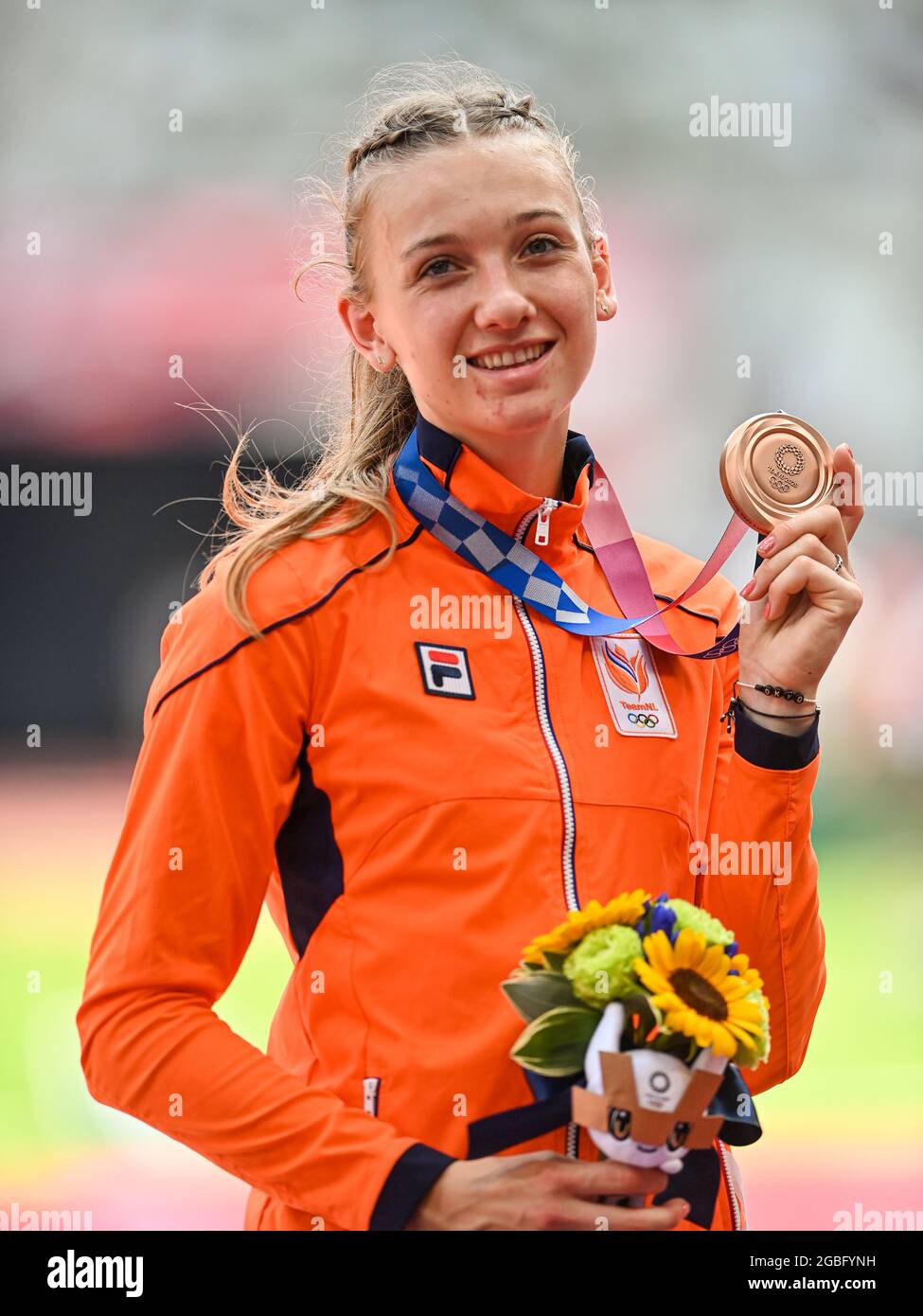 TOKYO, JAPAN - AUGUST 4: Femke Bol of The Netherlands poses with the Bronze medal during the ...