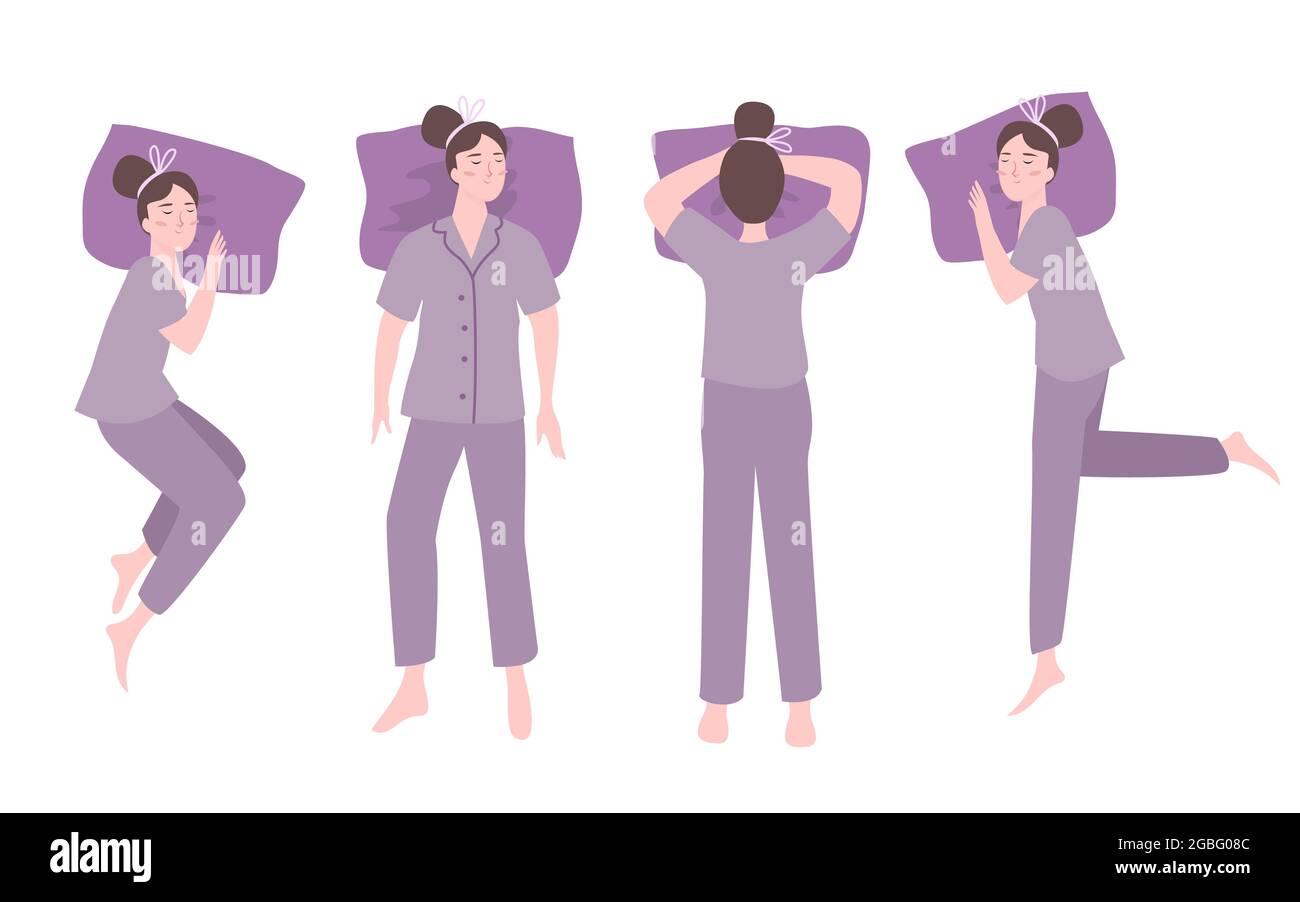 the various of four woman sleeping position with purple pajamas and ...