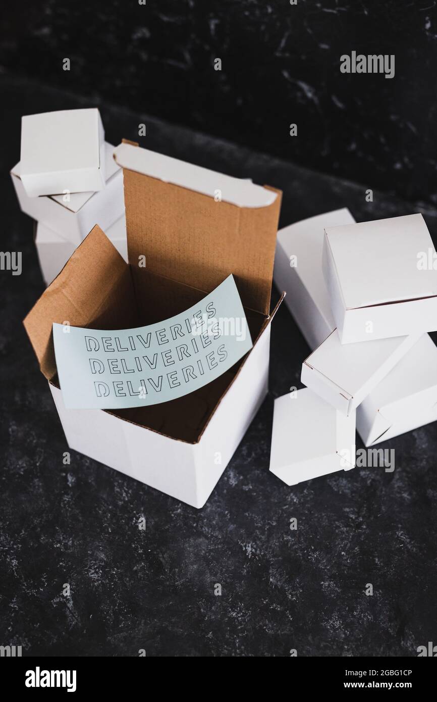 shipping industry and online shopping concept, group of white delivery ...