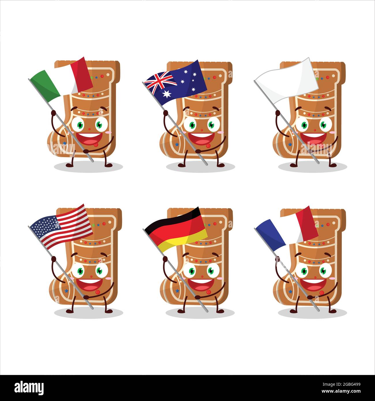 Gingerbread socks cartoon character bring the flags of various ...