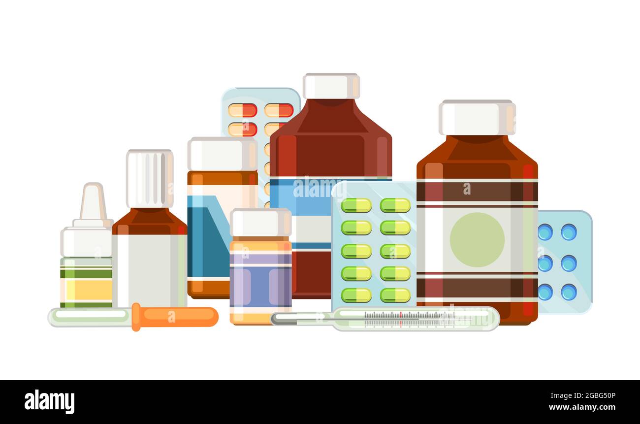 Medicines. Still life with bottles, tablets, capsules, Pipette ...