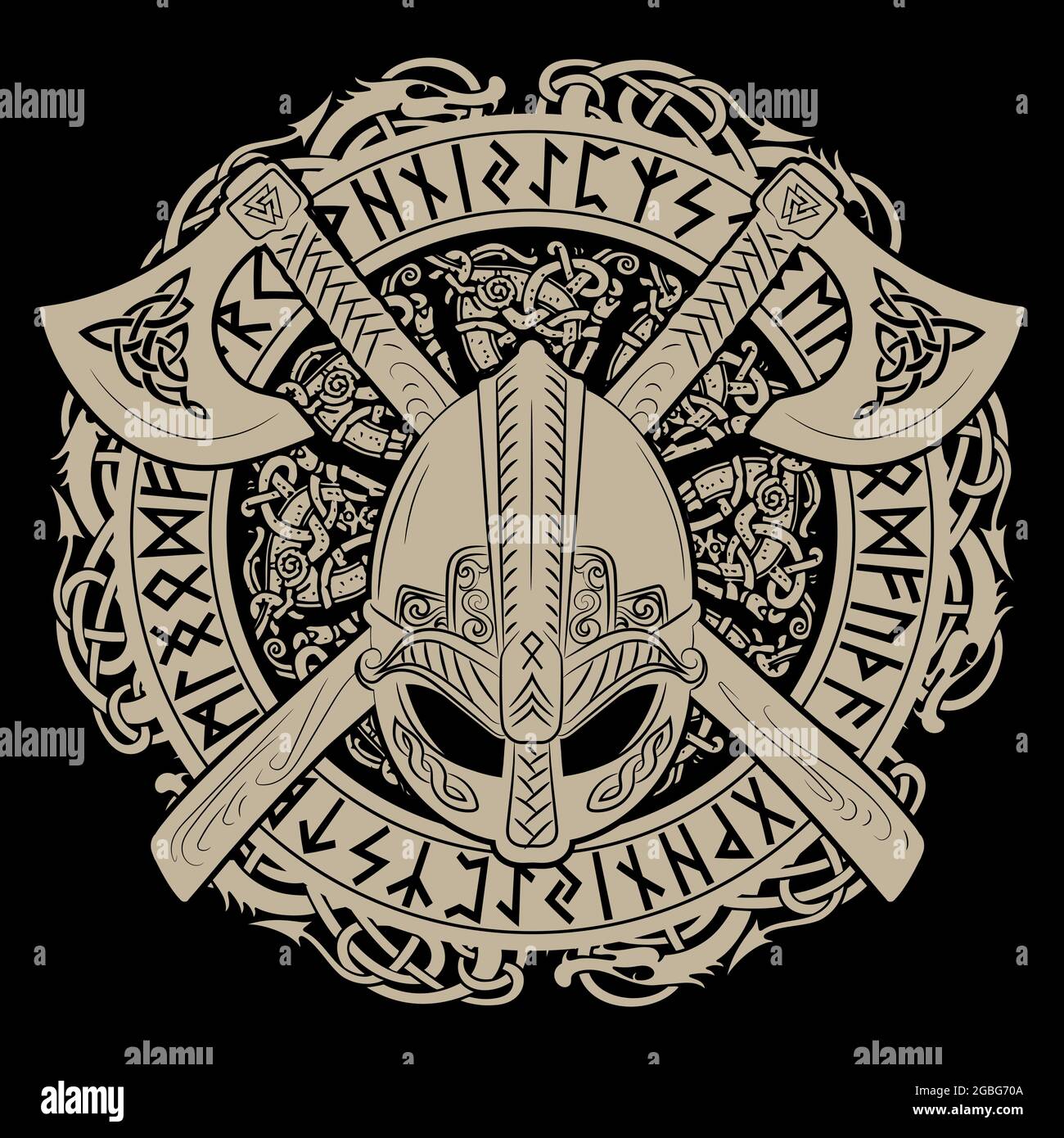 Viking helmet, crossed viking axes and in a wreath of Scandinavian ...