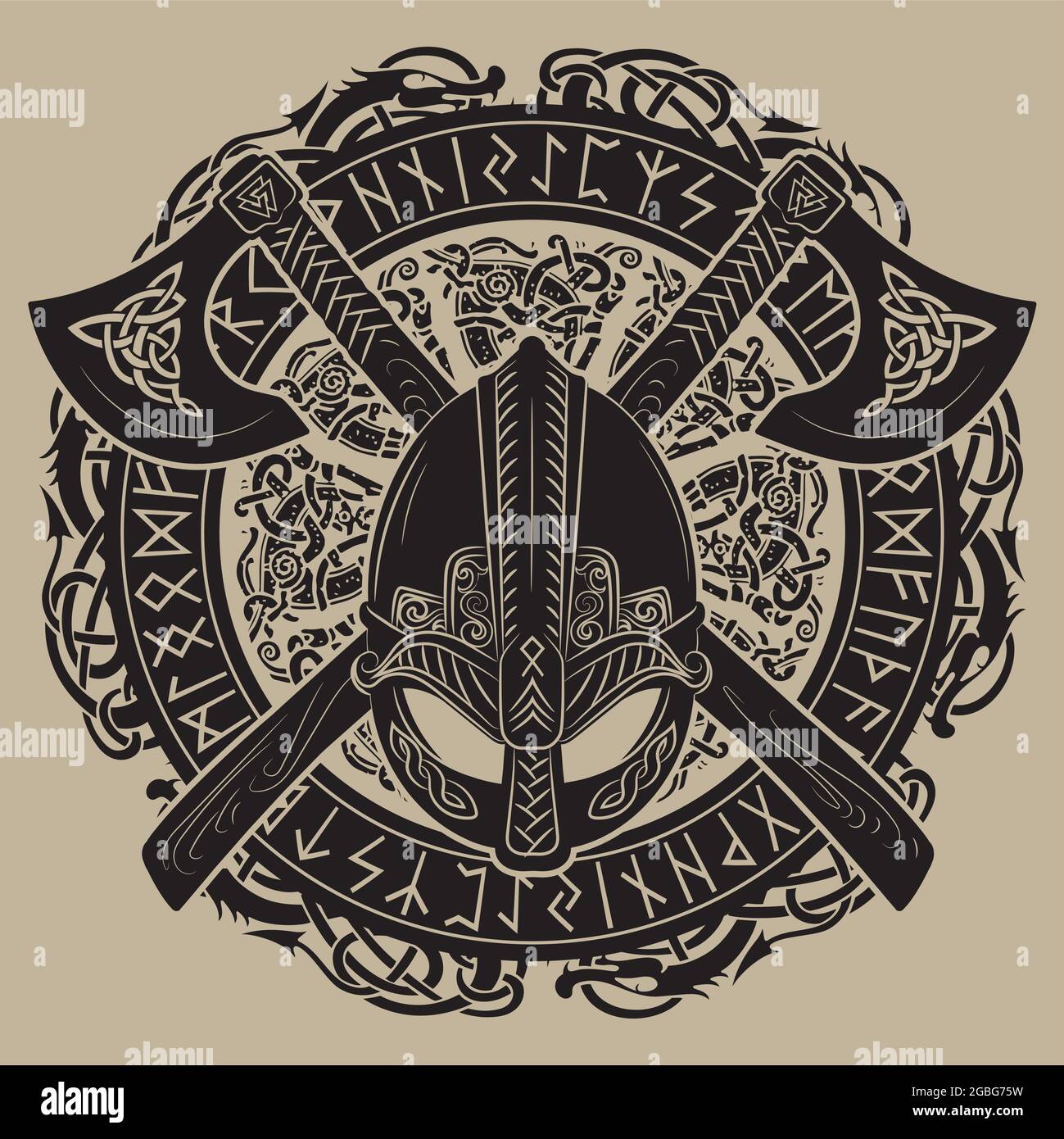 Viking helmet, crossed viking axes and in a wreath of Scandinavian ...