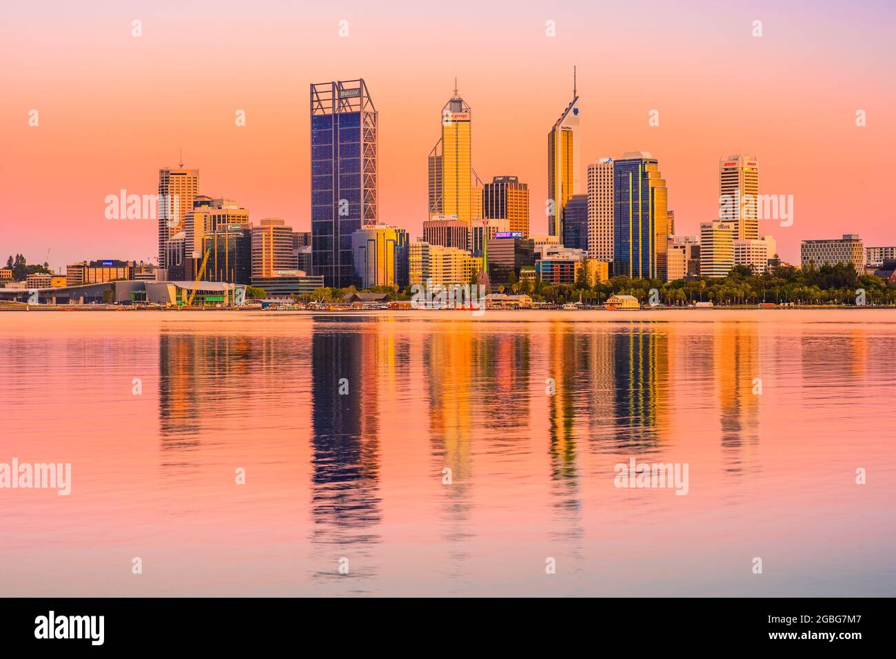 Dawn view of Perth city skyline and the Swan River seen from Mill Point ...