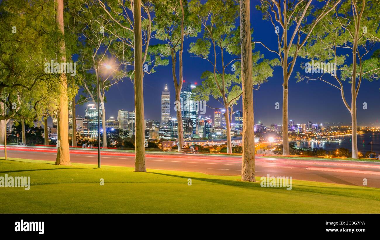 Evening view of downtown Perth city skyscrapers seen from Kings Park ...
