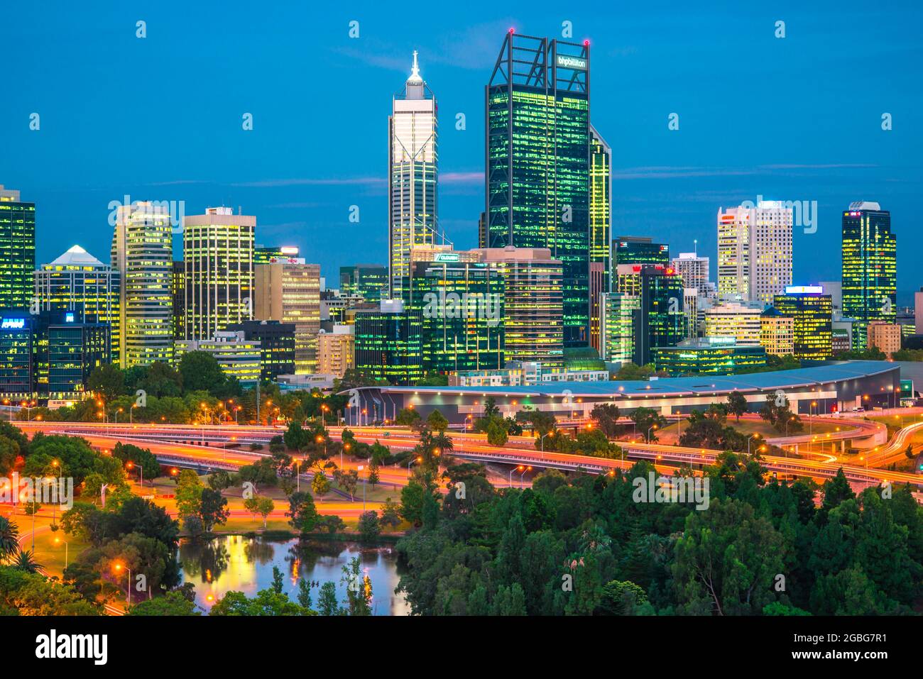 Evening view of Perth city skyscrapers and Mitchell Freeway seen from ...