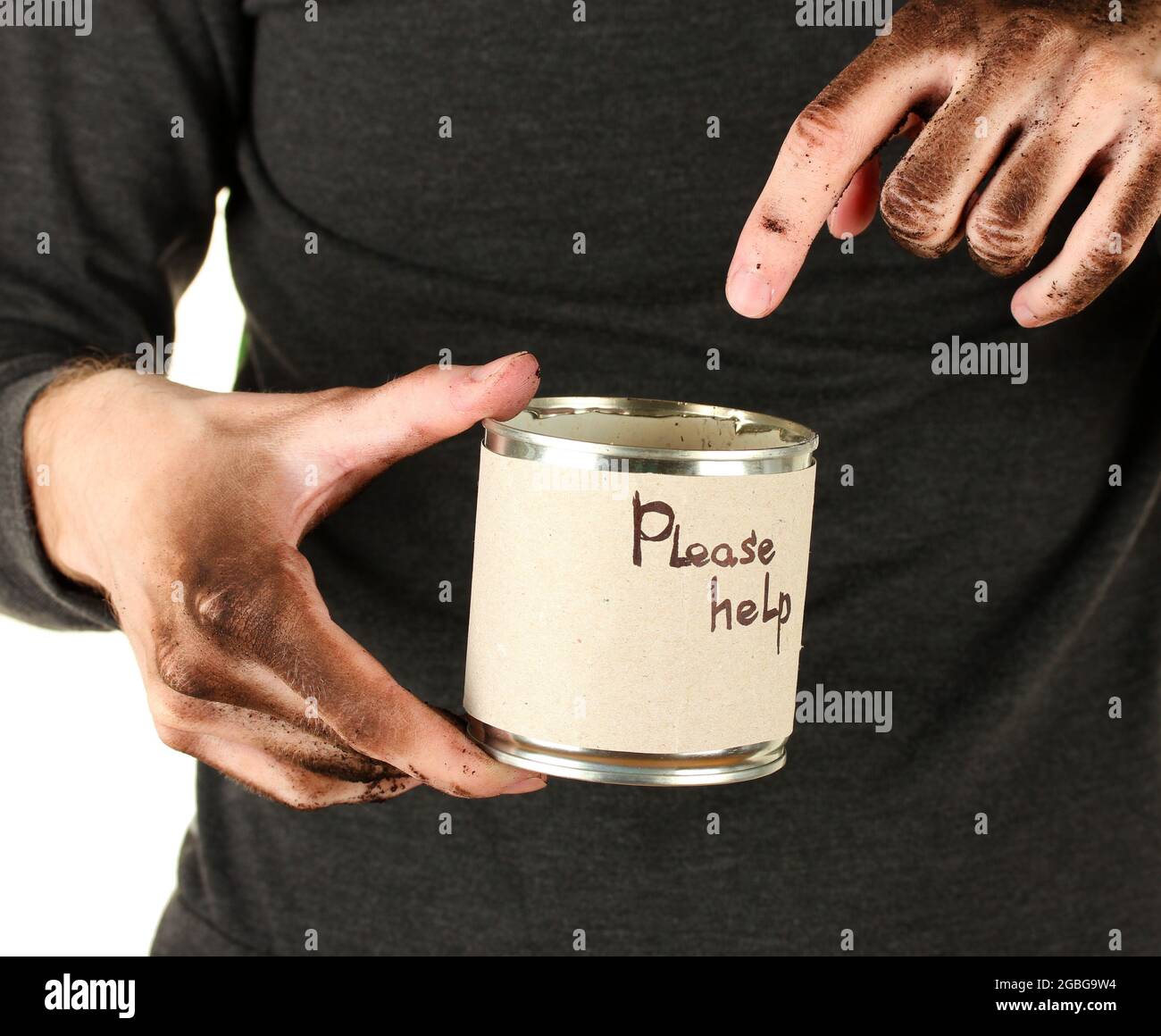 homeless man asks for help, on black background close-up Stock Photo ...