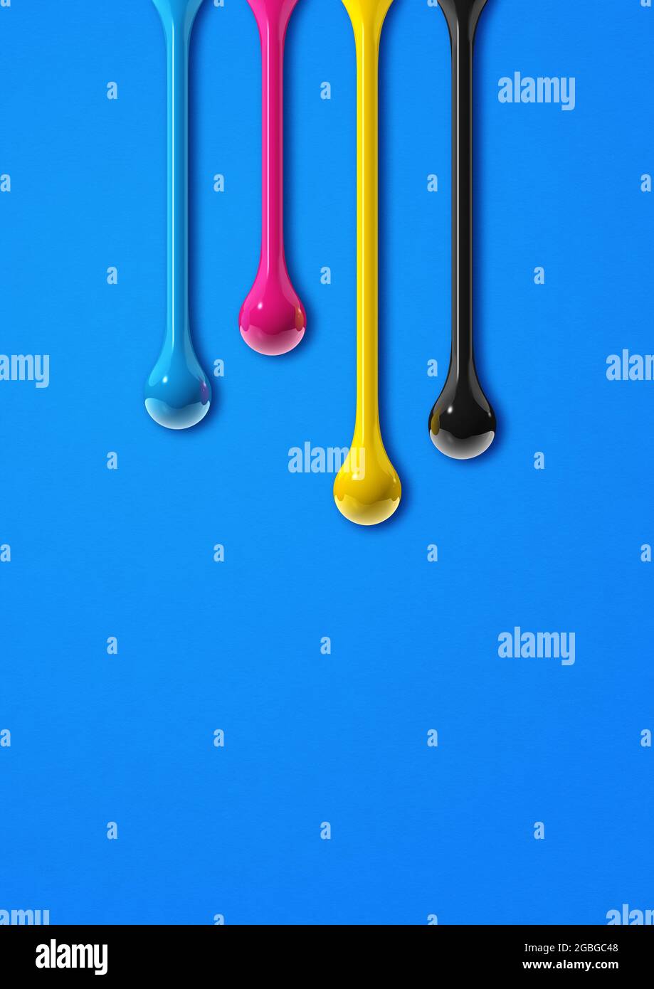 3D cmyk ink drops isolated on blue paper background. Illustration Stock ...