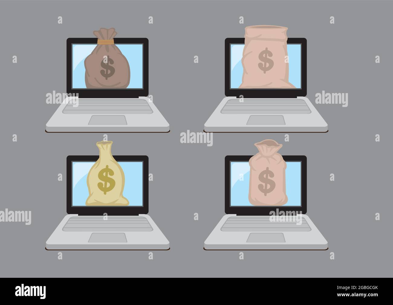 Collection of four laptop with a sack of money. Concept of online ...