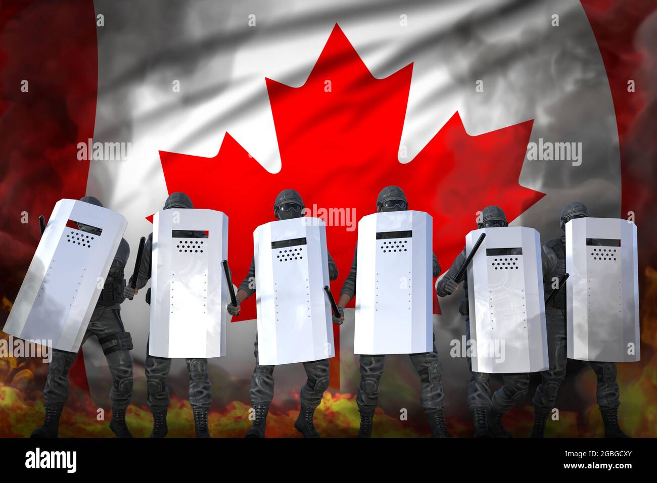 Canada protest stopping concept, police swat in heavy smoke and fire ...