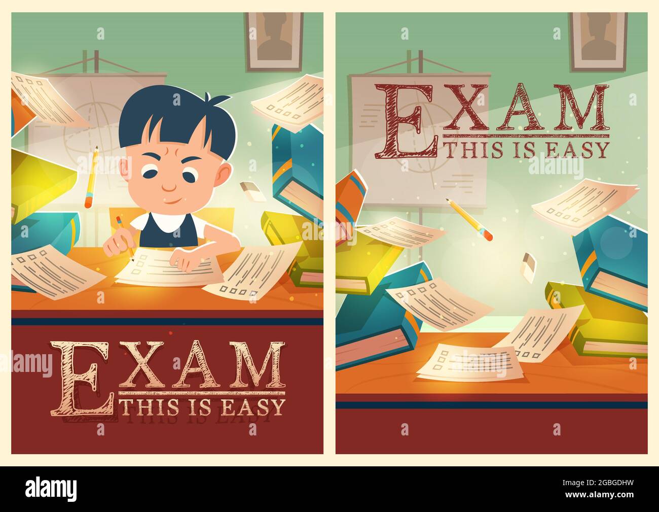 Boy solve test pass exam in school cartoon posters Stock Vector Image ...