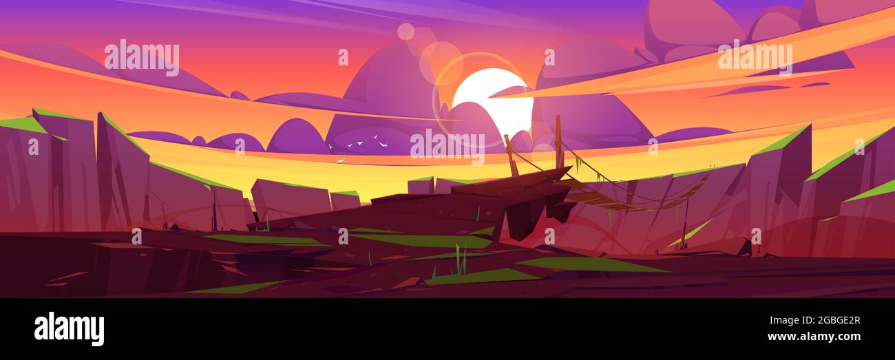 Suspended rope bridge hang above mountain cliff Stock Vector Image ...