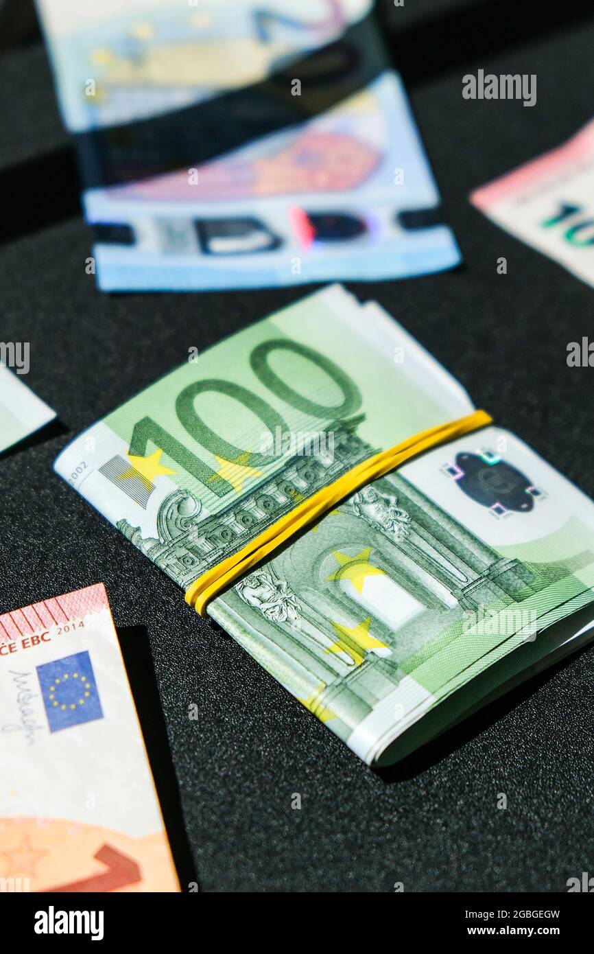 Close up of Euro money roll. Euro banknote set cash money - EU currency ...