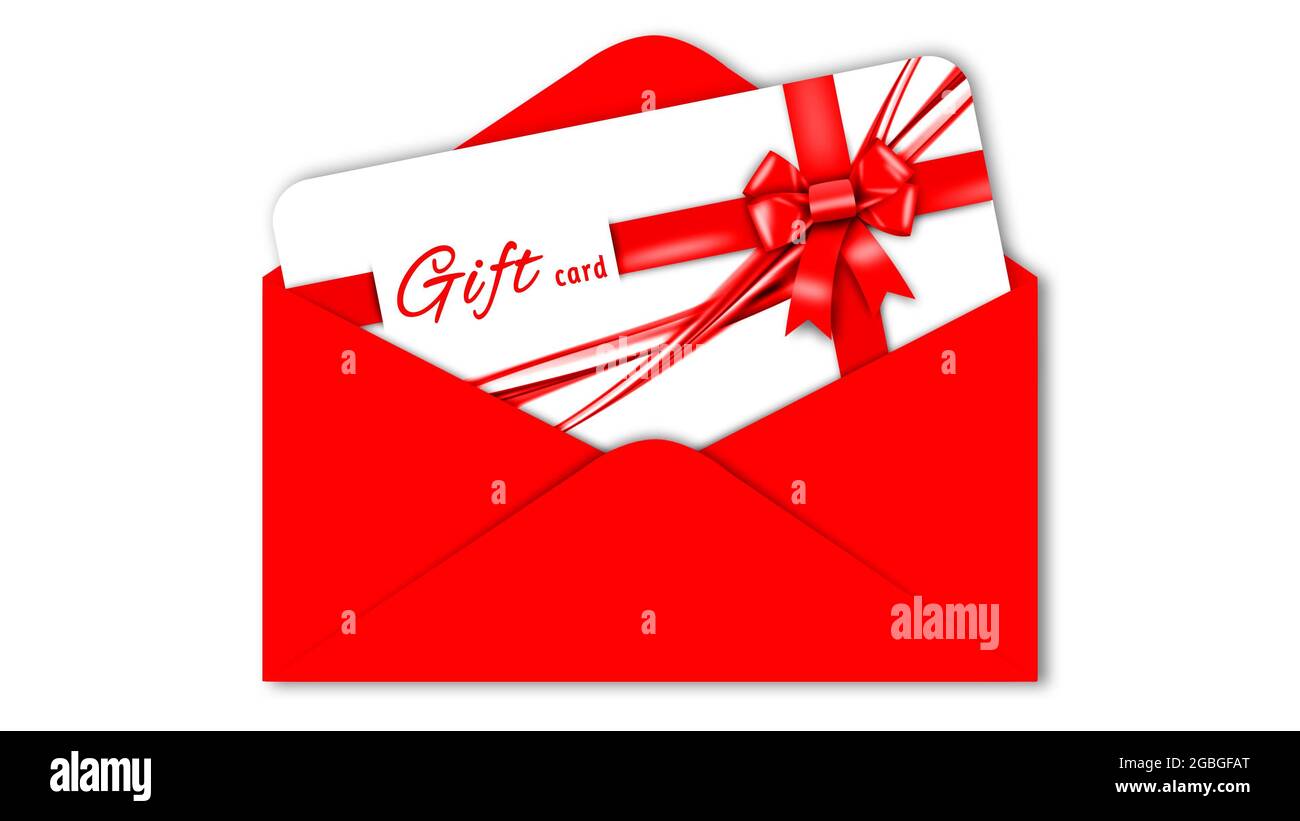 Gift card with red ribbon bow in red envelope isolated on white ...