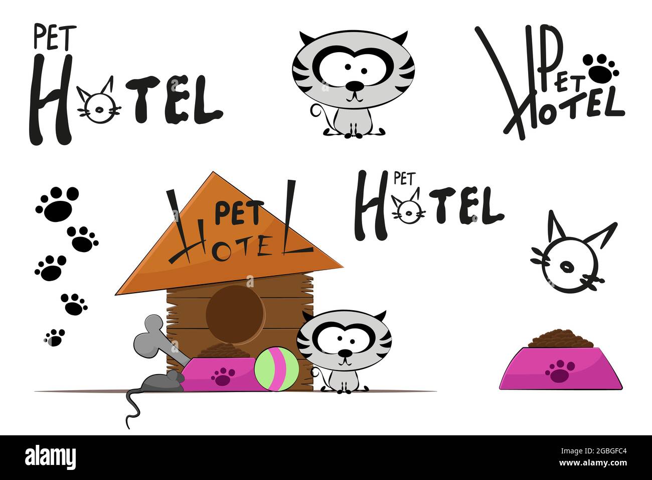 Pet hotel illustration set with cat, food and ball. Isolated on white ...