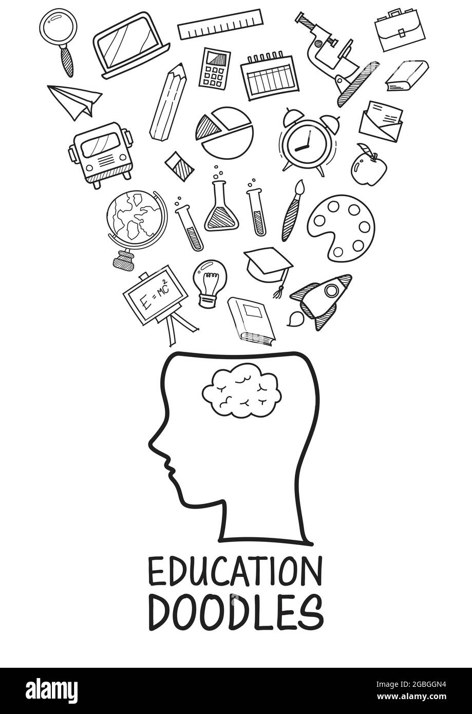 Human head with education doodles icons collection. Hand drawn elements ...