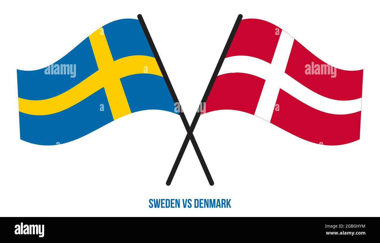 Sweden and Denmark Flags Crossed And Waving Flat Style. Official ...
