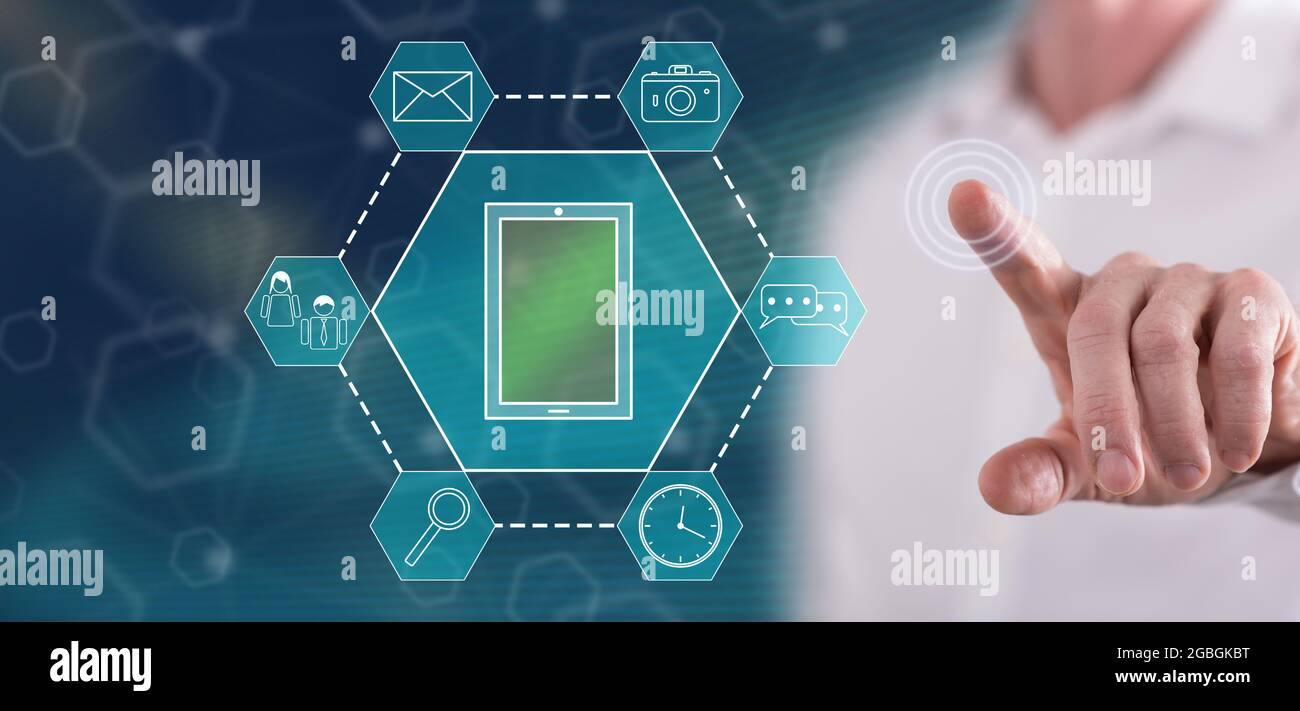 Man touching an apps concept on a touch screen with his finger Stock ...