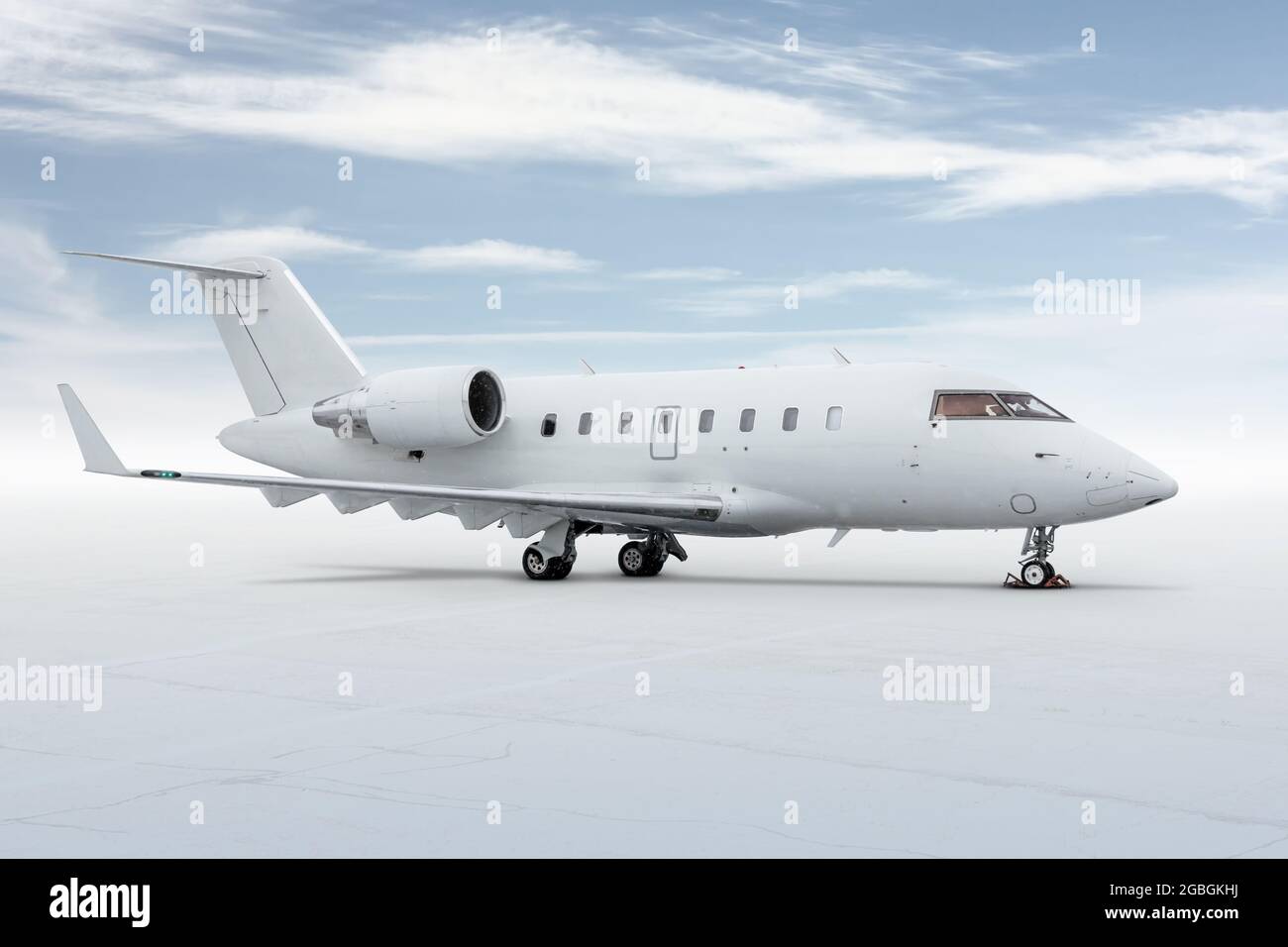 Modern white corporate business jet isolated on light background with ...