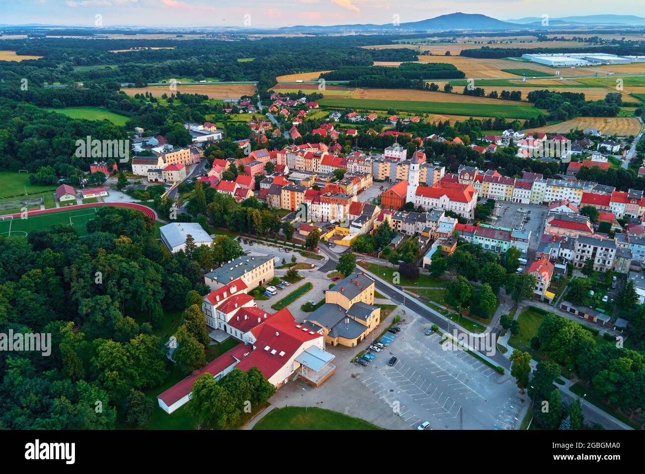 Small town in Europe, aerial view. Residential buildings and streets in ...