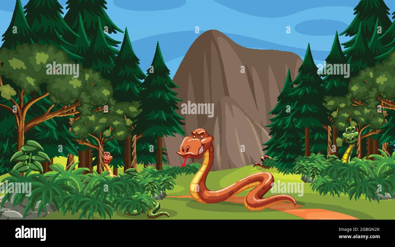 A snake cartoon character in forest scene with many trees illustration ...