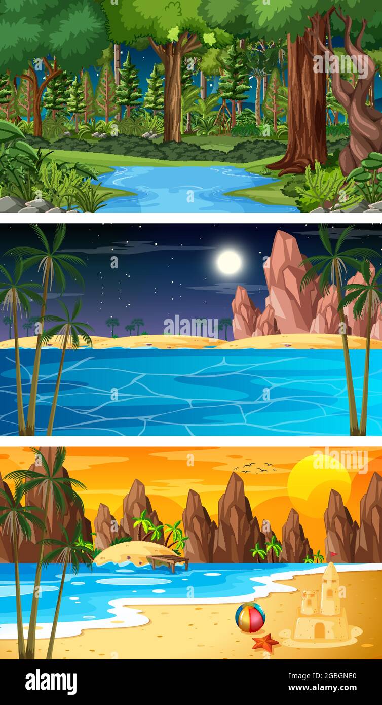 Three different nature horizontal scenes illustration Stock Vector ...