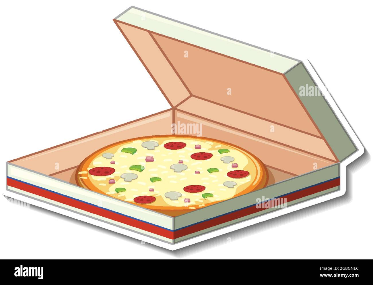 Pizza in box sticker on white background illustration Stock Vector ...