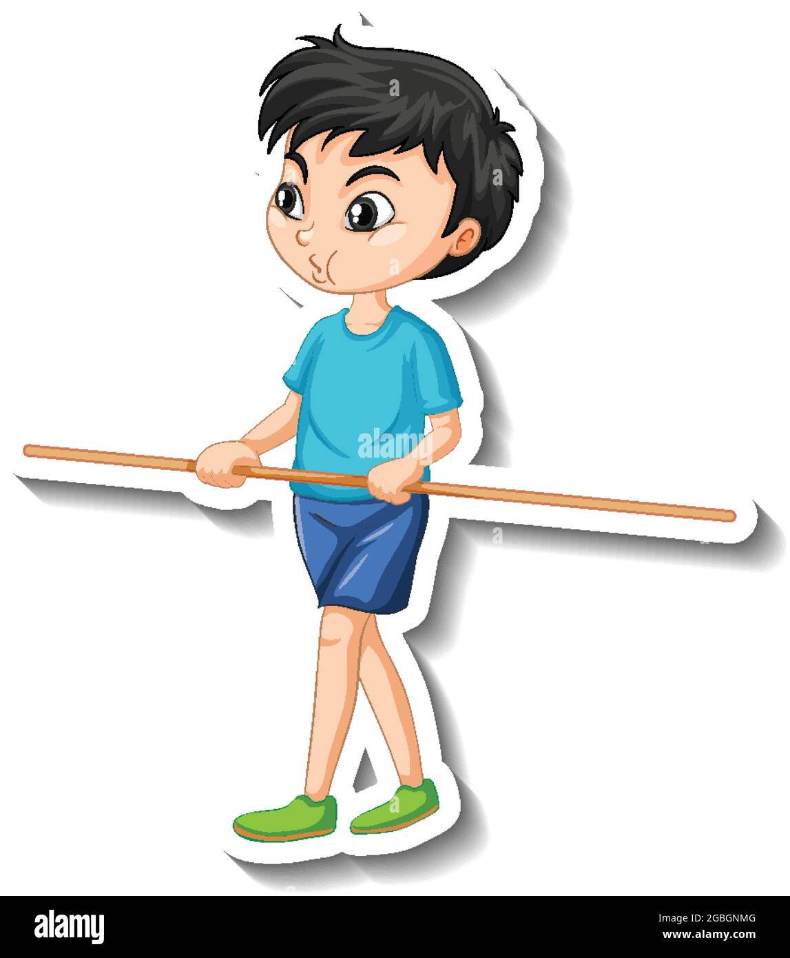 Cartoon character sticker with a boy holding wooden stick illustration ...