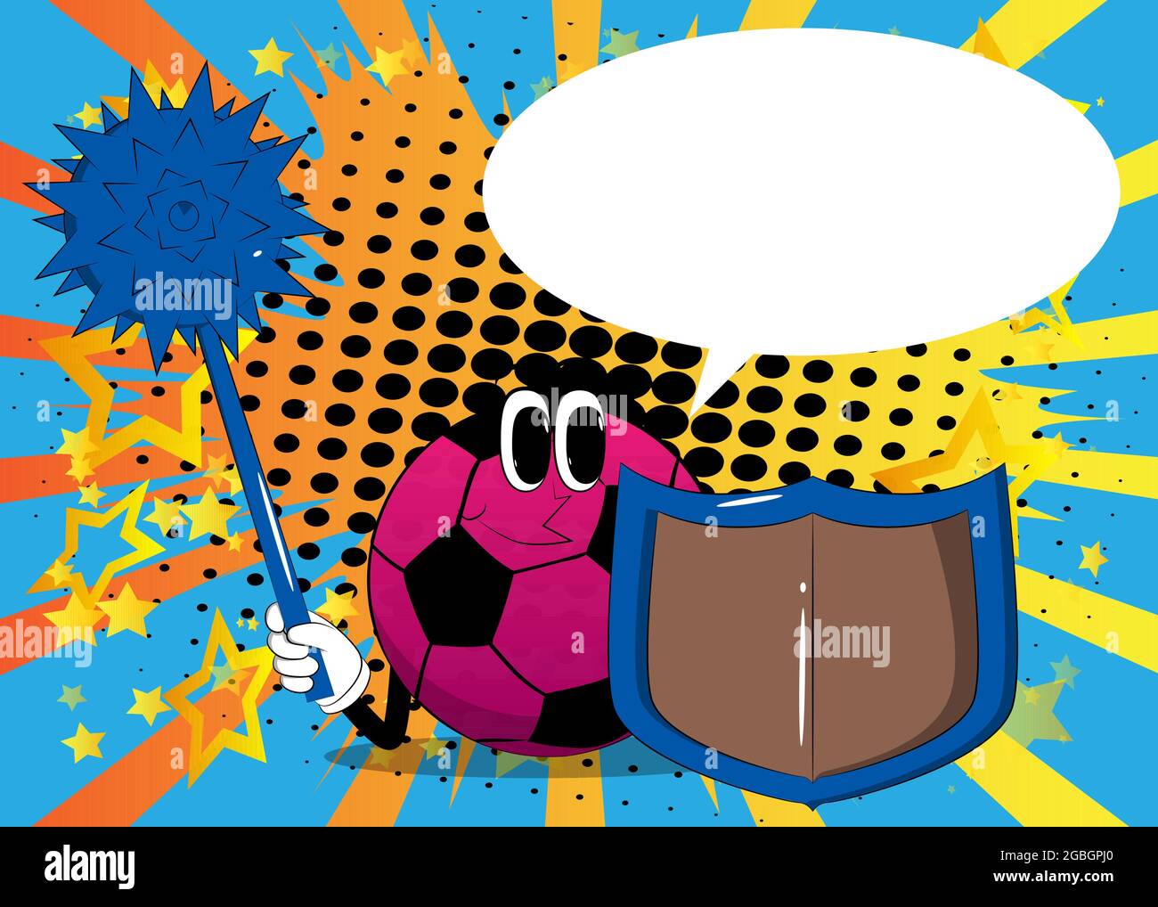 Soccer ball holding a spiked mace and shield. Traditional football ball ...