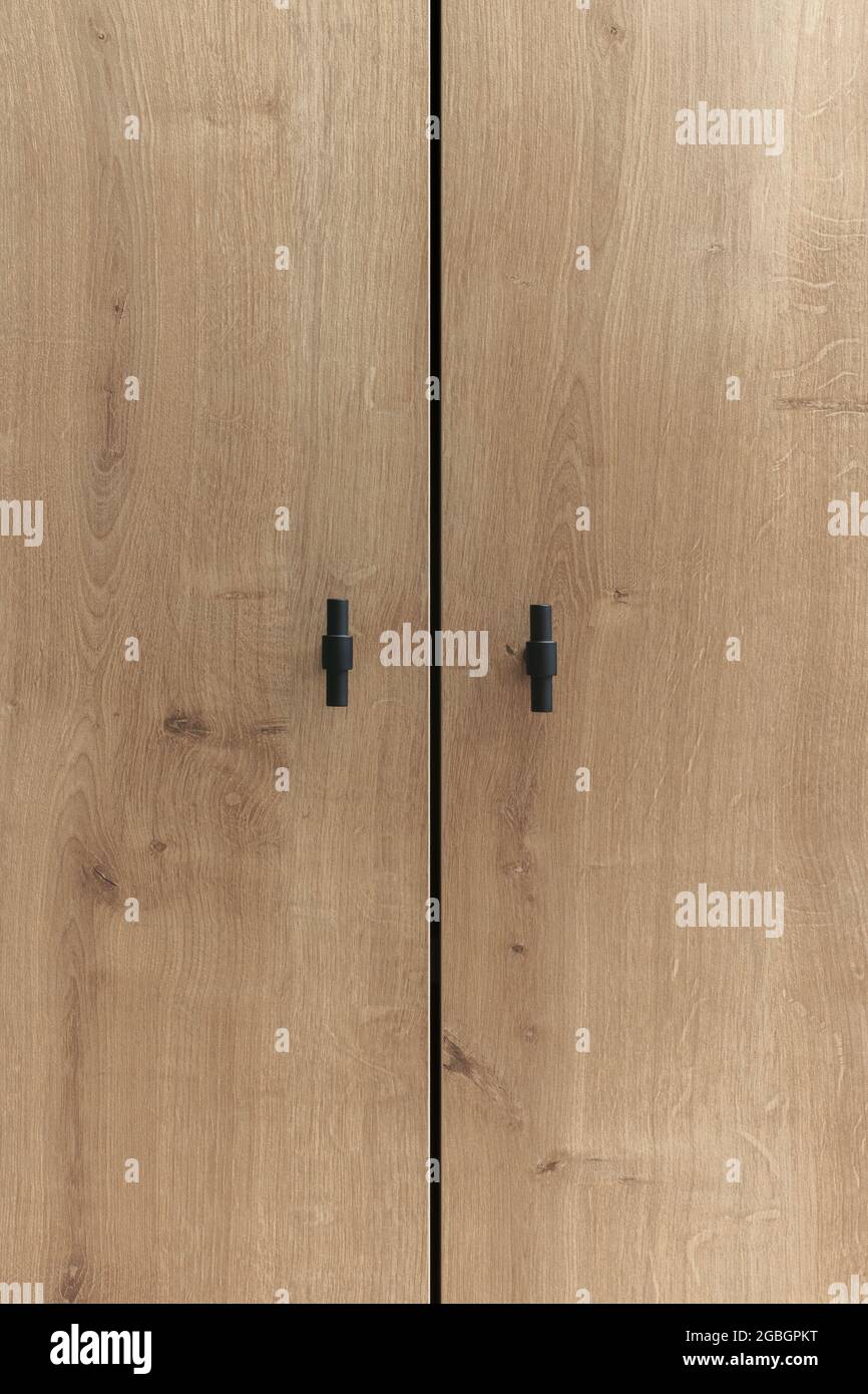 Vertical shot of closed wooden closet doors with two small black ...