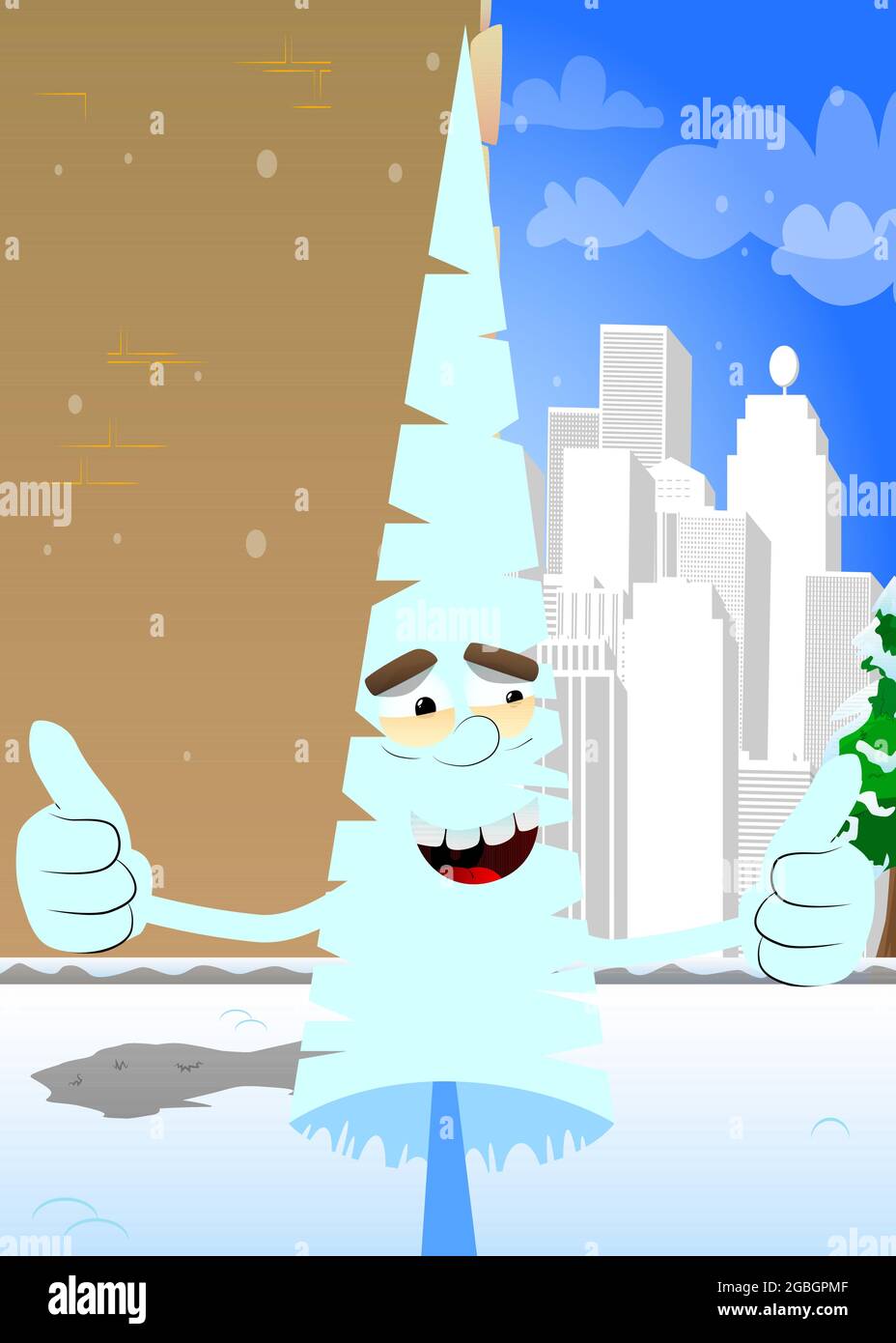 Cartoon winter pine trees with faces making thumbs up sign with two hands. Cute forest trees ...