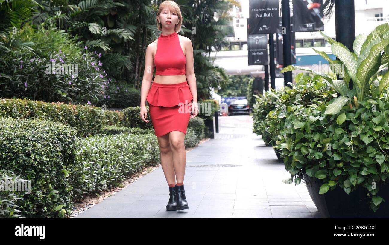Young Lady Asian Japanese Model Wearing a Red Dress in Tropical Bangkok ...