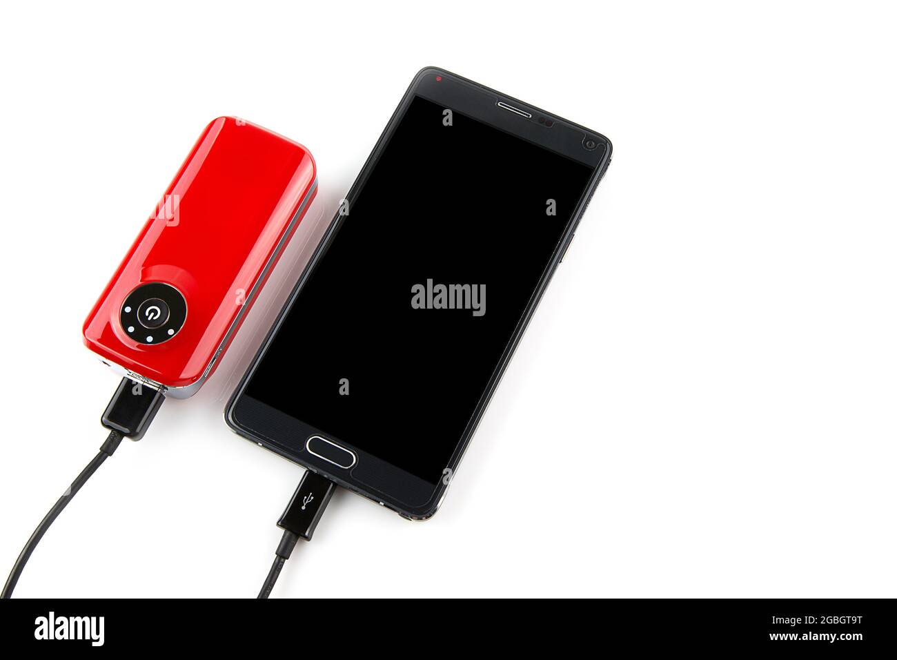 mobile phone with red power bank Recharging isolated on white ...