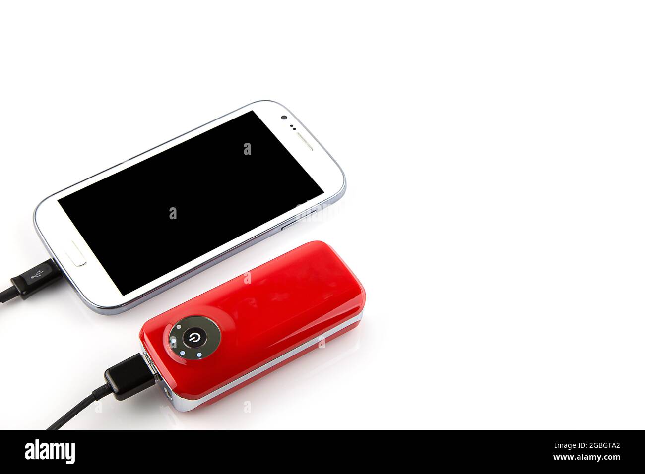 mobile phone with red power bank Recharging isolated on white ...